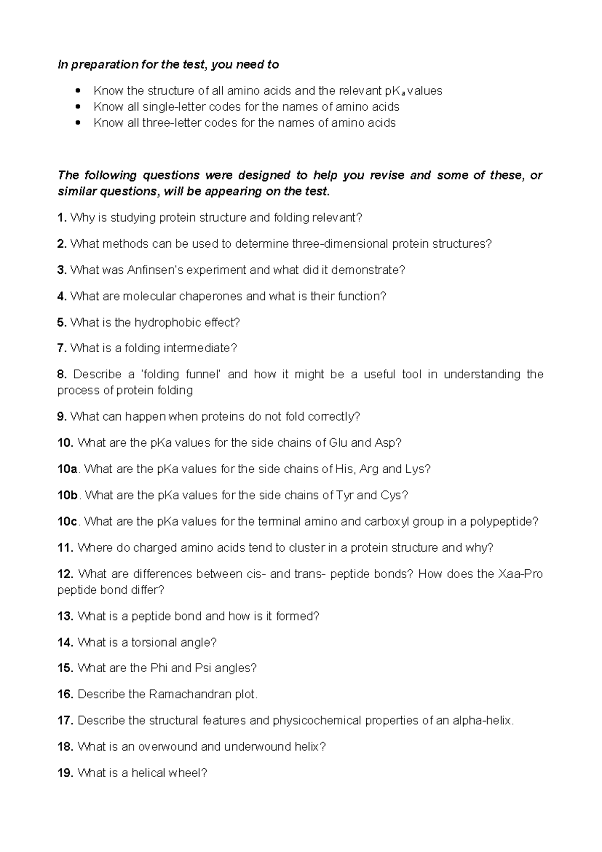 Biochemistry 101: Test Revision Questions for Protein Structure ...