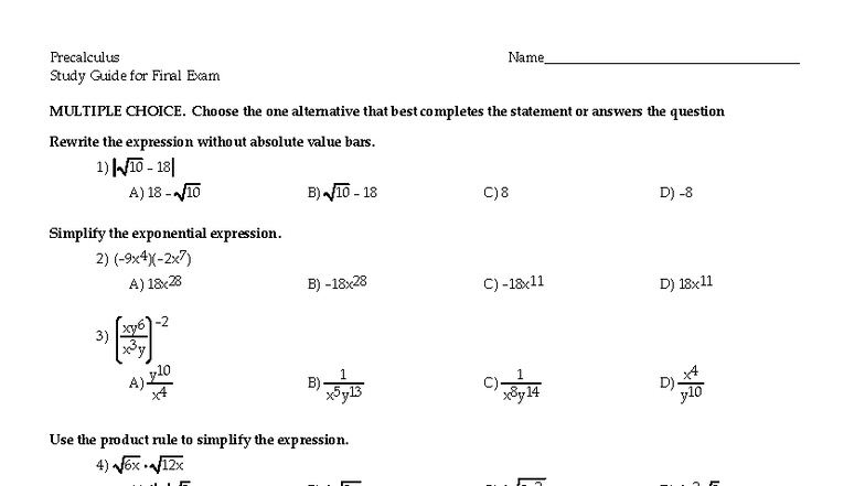 Precalculus Final Exam Study Guide (MATH 101) - Studocu