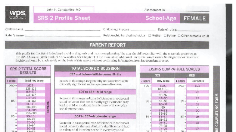 SRS-2 Profile Sheet for School-Age Children Assessment - Studocu