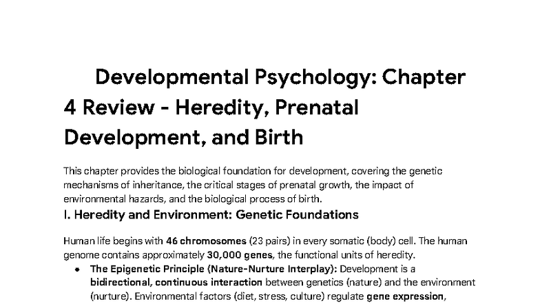 Developmental Psychology: PSY 201 Chapter 4 Review on Heredity & Prenatal - Studocu