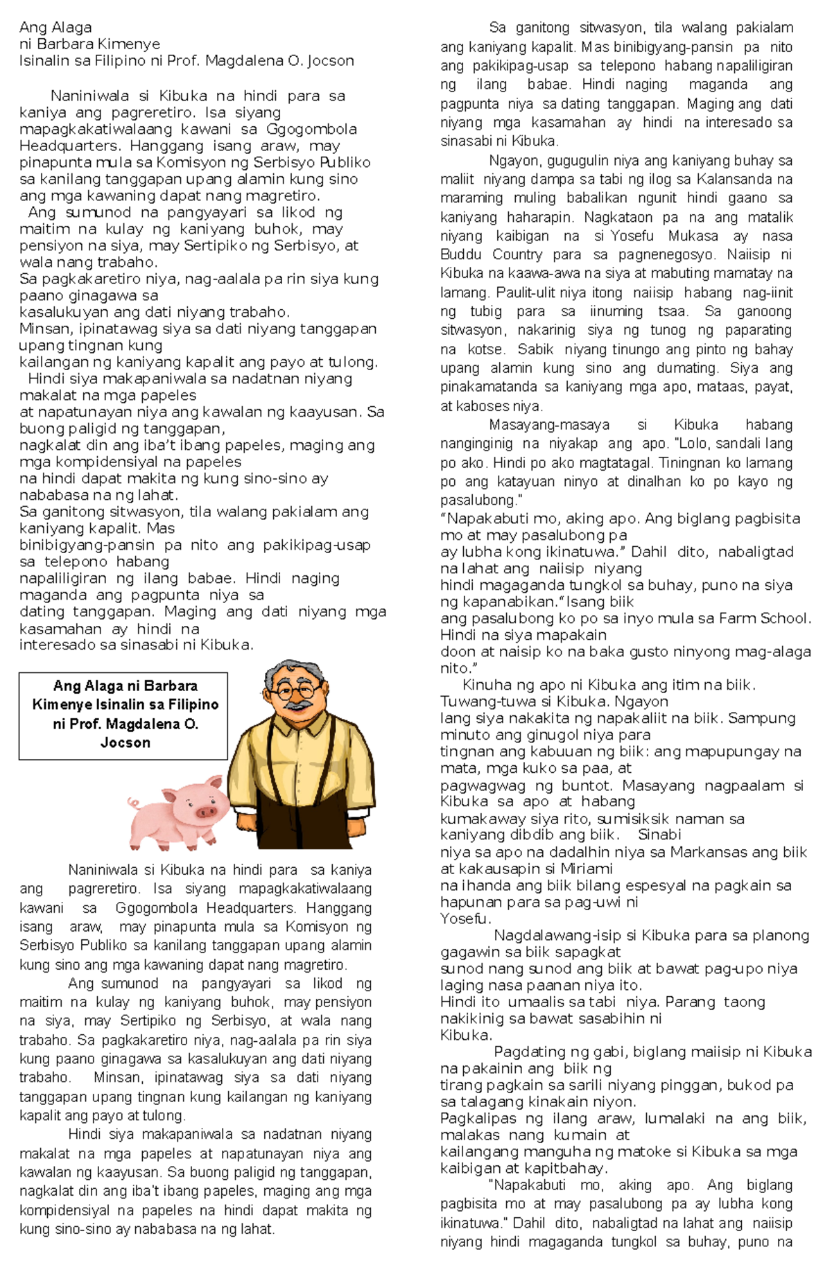 Ang Alaga: Maikling Kuwento ni Barbara Kimenye (Isinalin ni Prof ...