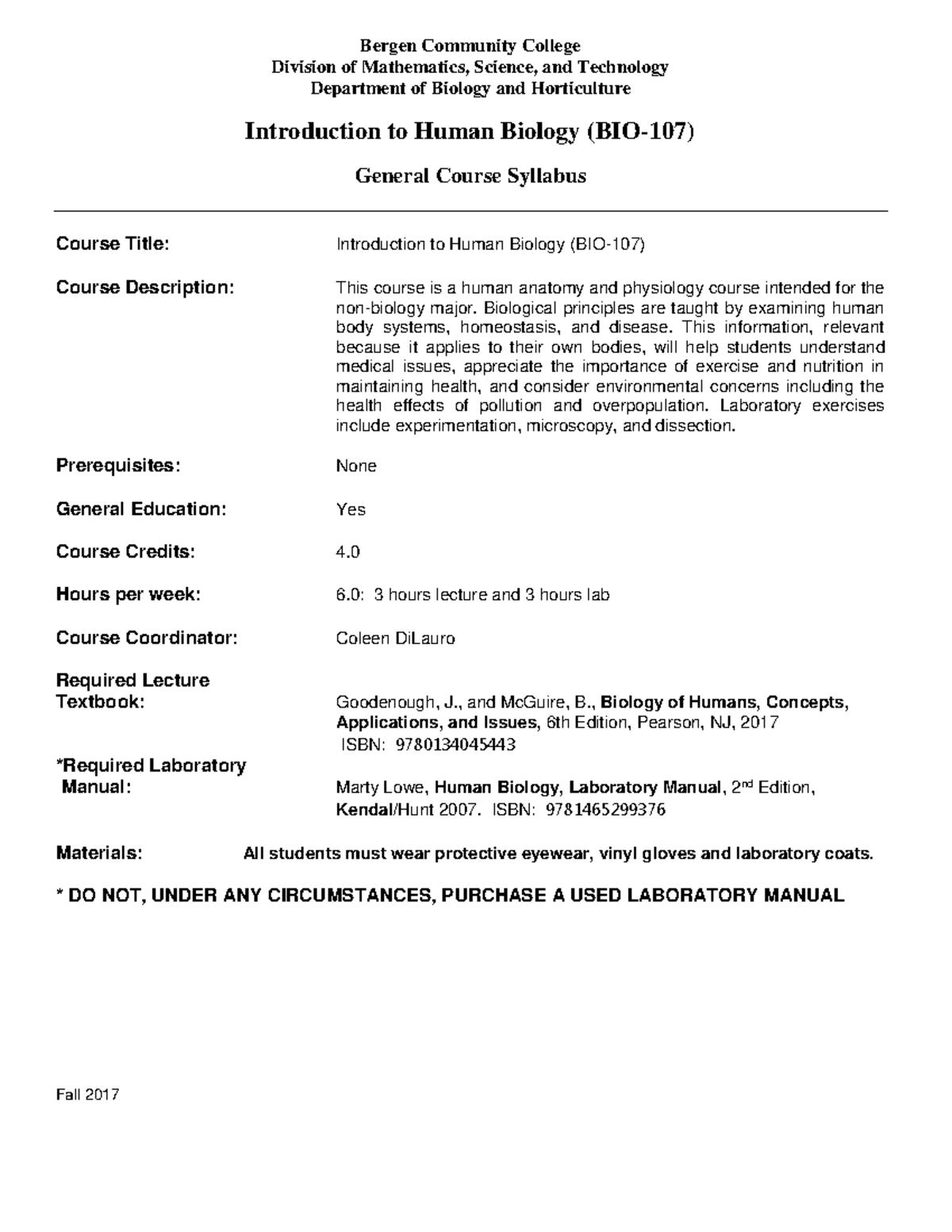 BIO-107: Introduction to Human Biology Course Syllabus and Overview ...