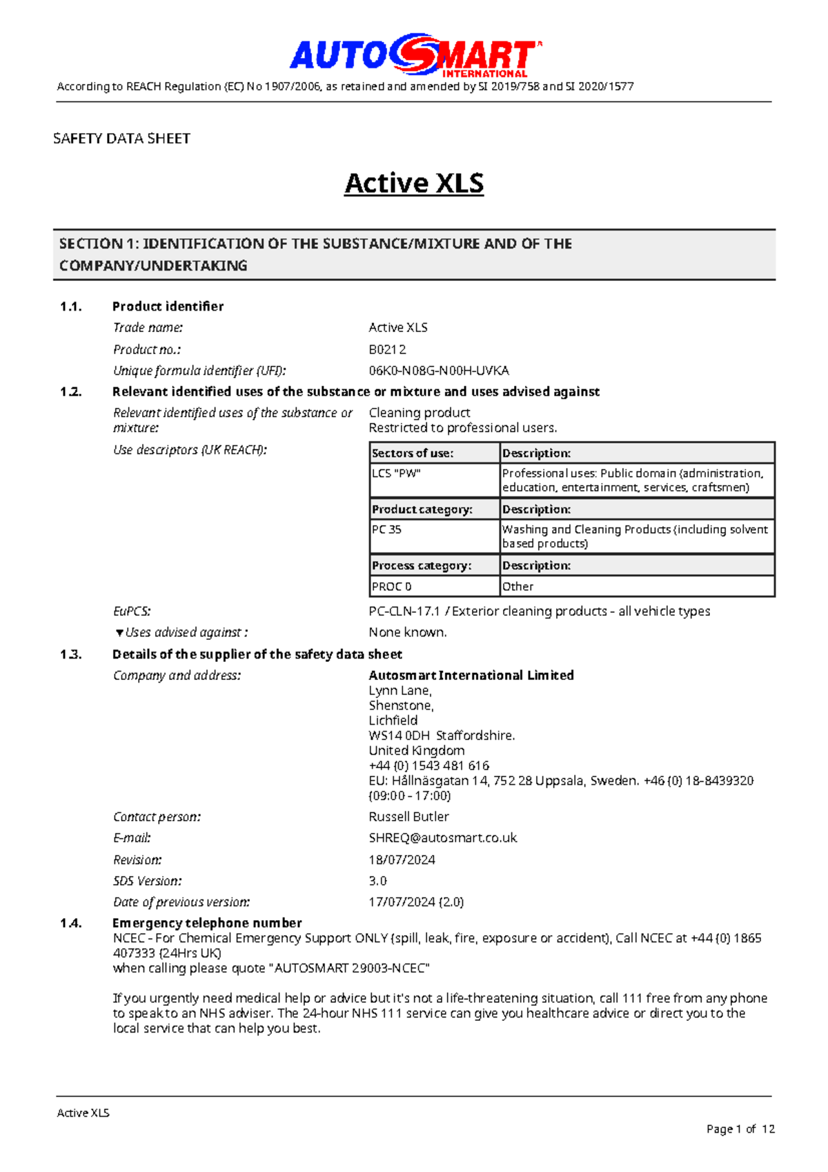 Active XLS Safety Data Sheet (SDS) - REACH Regulation Compliance - Studocu