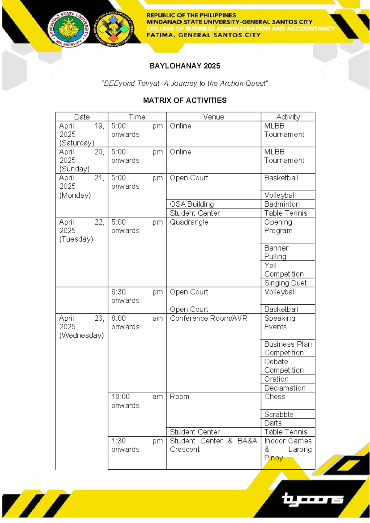 Matrix-of-Activities - BAYLOHANAY 2025 “BEEyond Tevyat: A Journey to ...