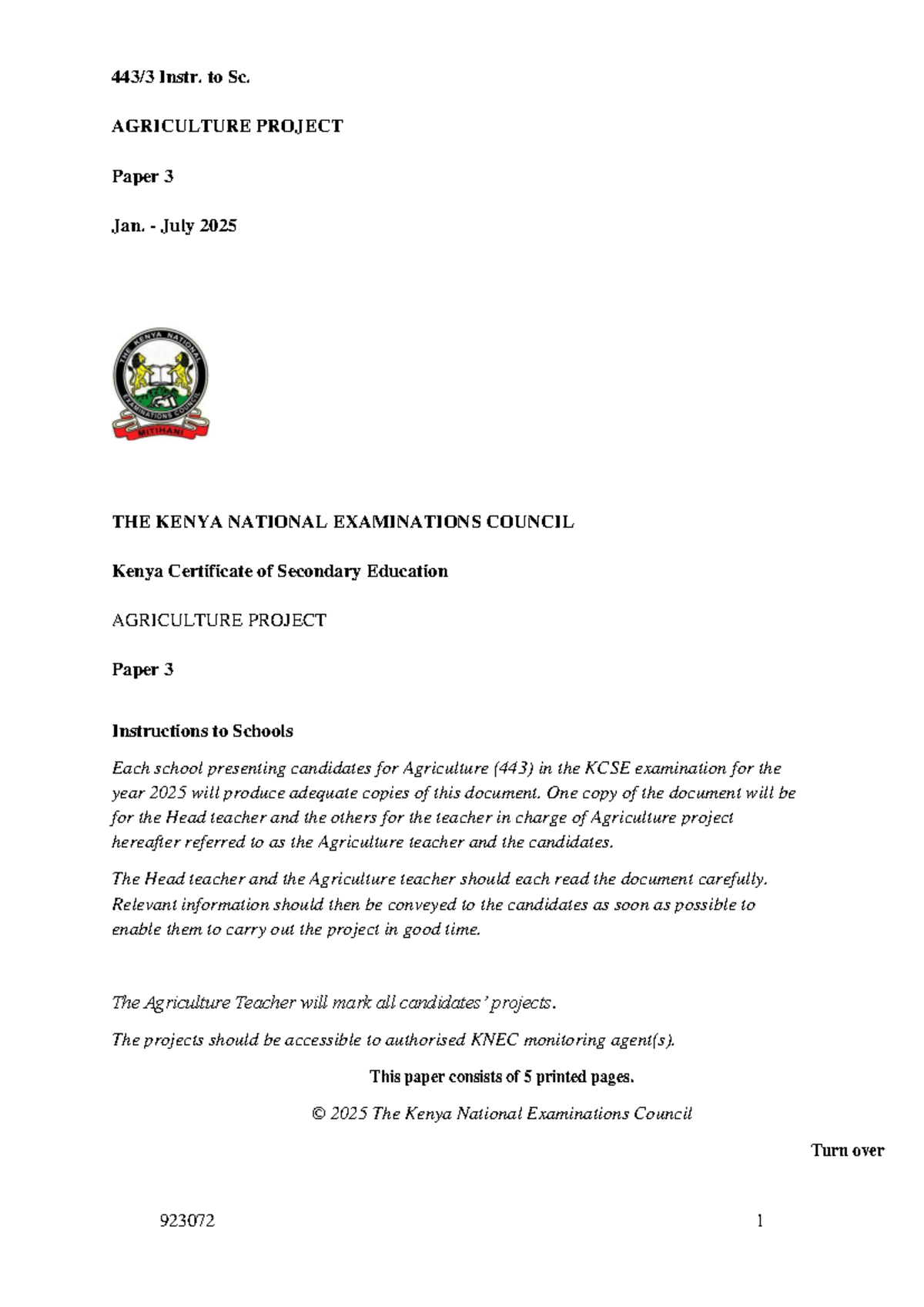 2025 KCSE Agriculture Project Paper 3 Instructions to Schools (443 ...