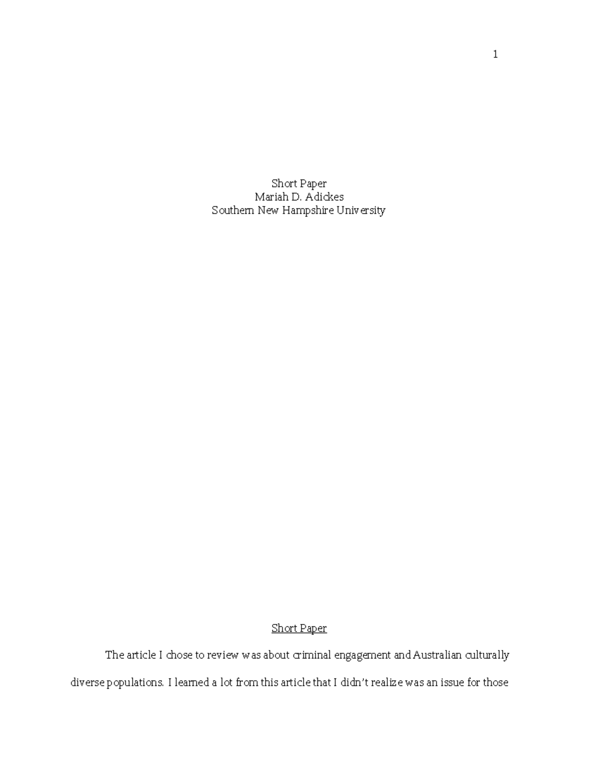 Short Paper PSY 205 - 1 Short Paper Mariah D. Adickes Southern New ...