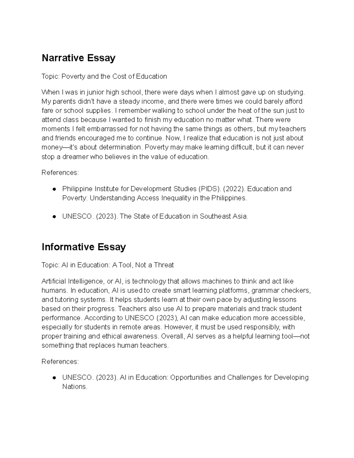 Narrative, Informative, Opinion, and Persuasive Essays on Education ...