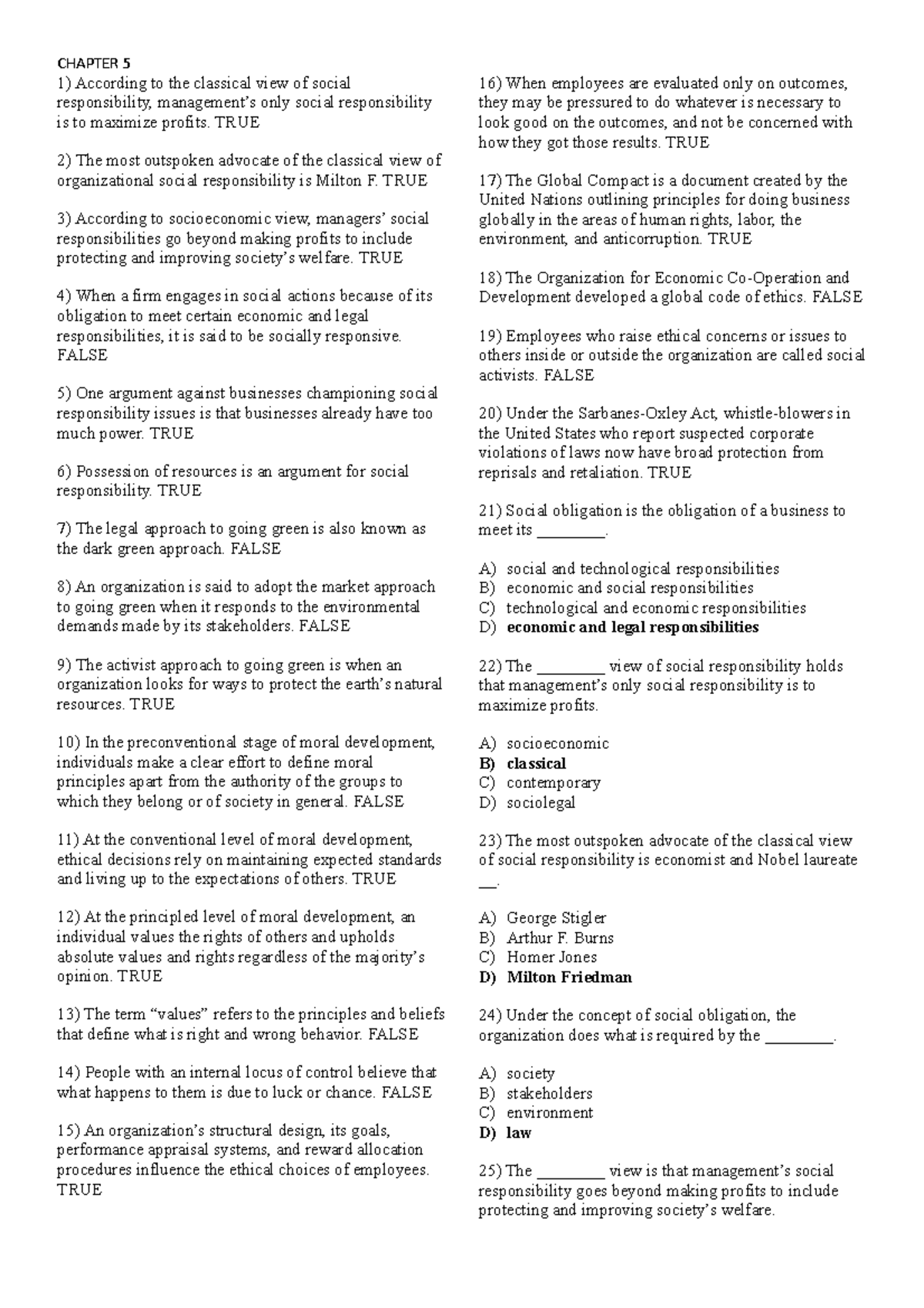 Chapter 5 - Social Responsibility and Ethics Q&A for Exam Prep - Studocu