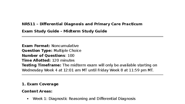 NR511 Midterm Exam Study Guide: Differential Diagnosis & Primary Care - Studocu