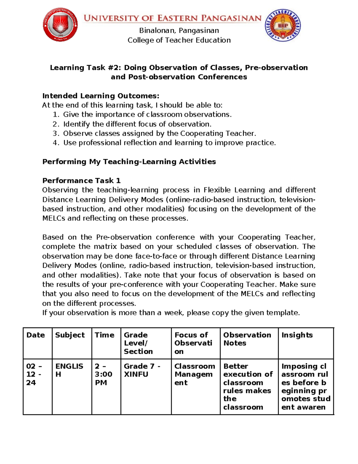 LE2 - Classroom Observation Reflections & Insights - Studocu