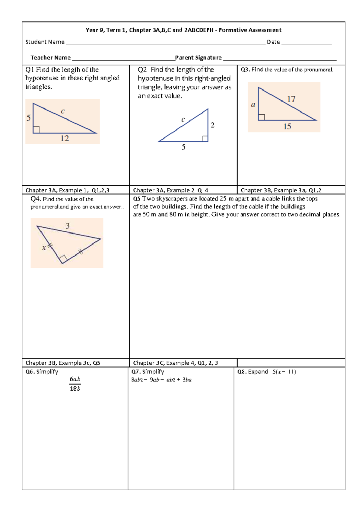 Year 9 Math Formative Assessment: Chapters 3A, 3B, 3C, 2A, 2B, 2C, 2D ...