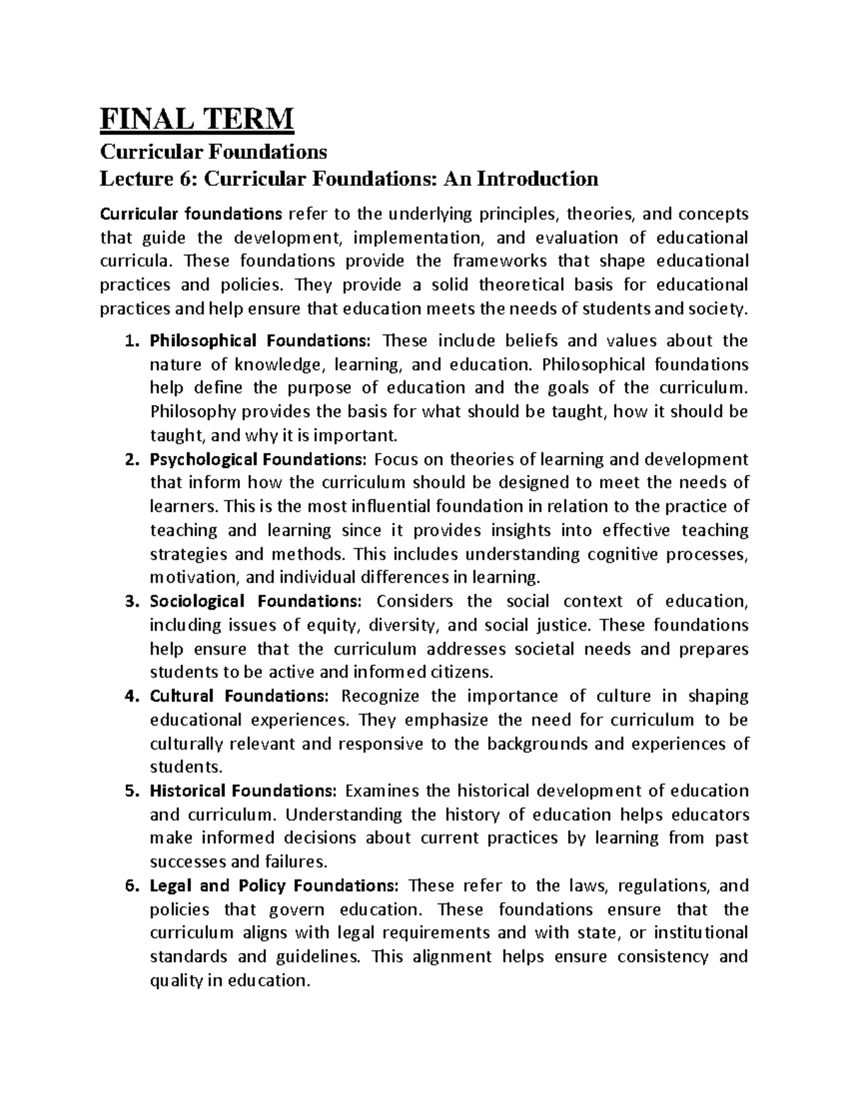 Curriculum Foundations Lecture - Final Exam Notes - Studocu
