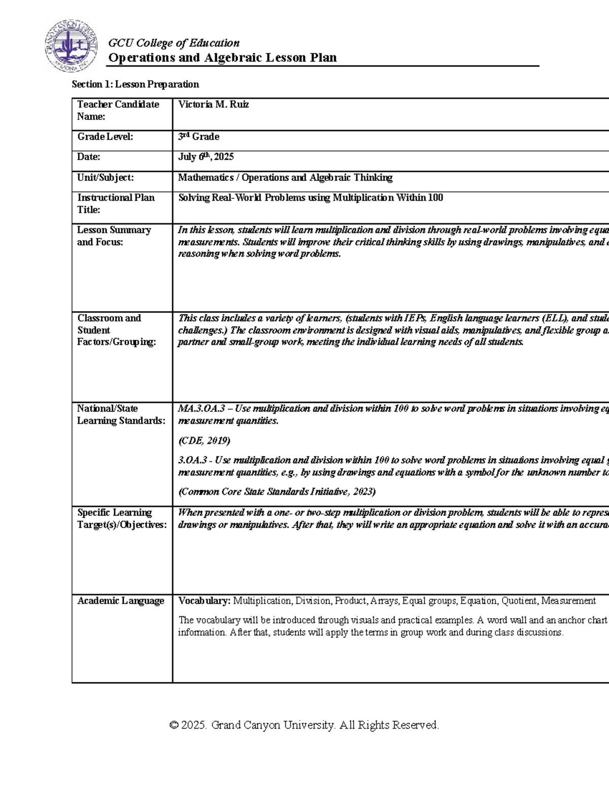 GCU College of Education: 3rd Grade Operations & Algebraic Lesson Plan ...