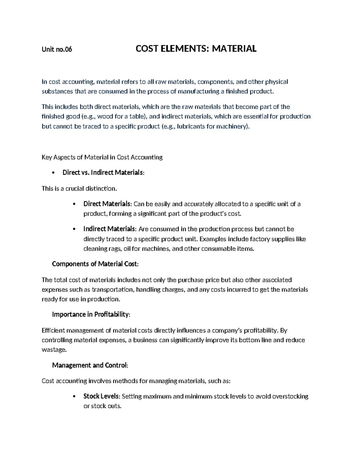 COST ACCOUNTING: Unit 06 - Understanding Material Elements - Studocu