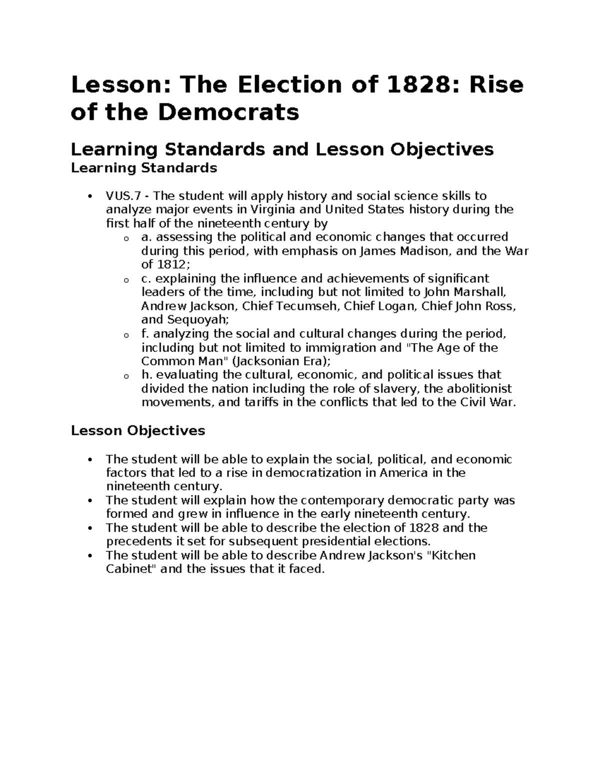 Lesson: The Election of 1828 and the Rise of the Democrats (VUS.7 ...
