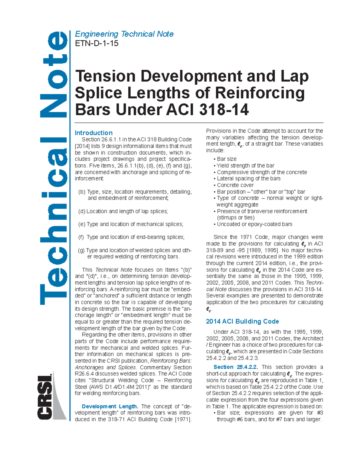 Tension Development & Lap Splice Lengths (ACI 318-14) ETN-D-1-15 - Studocu