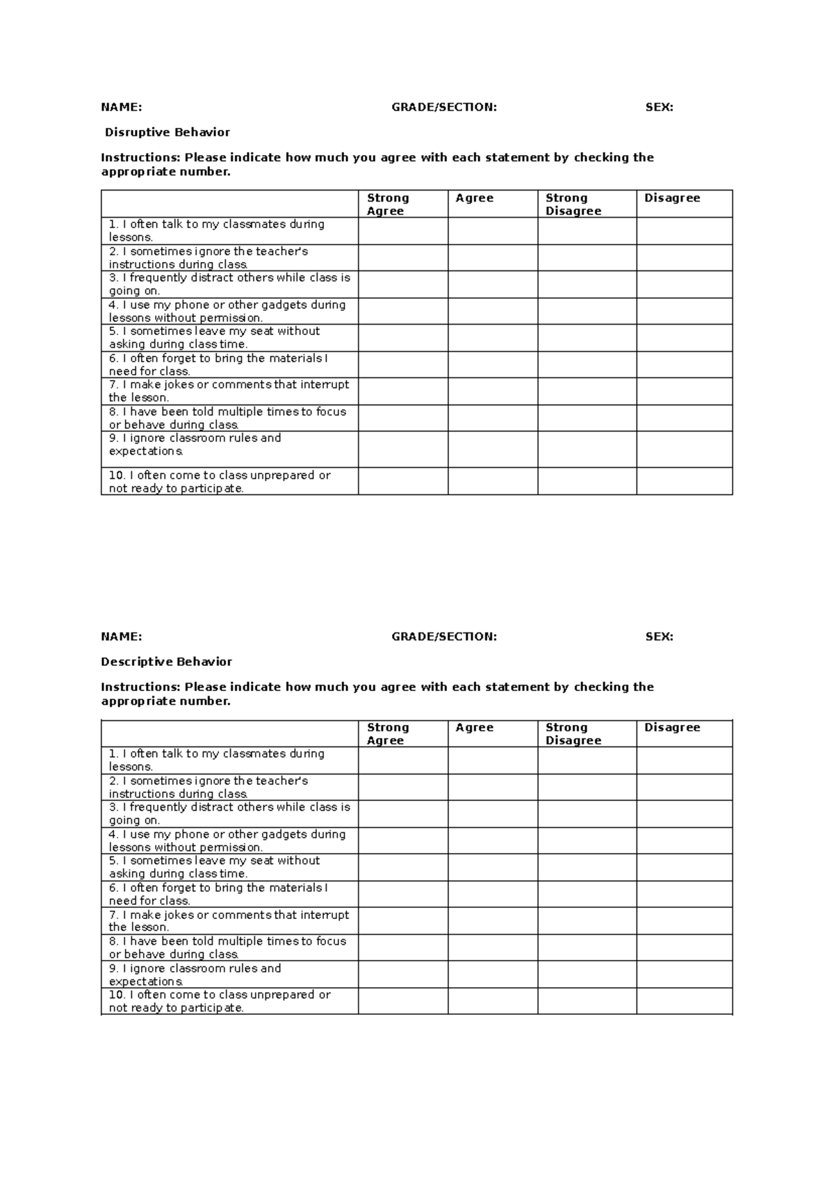 Disruptive and Tardiness Behavior Survey Instructions - Studocu