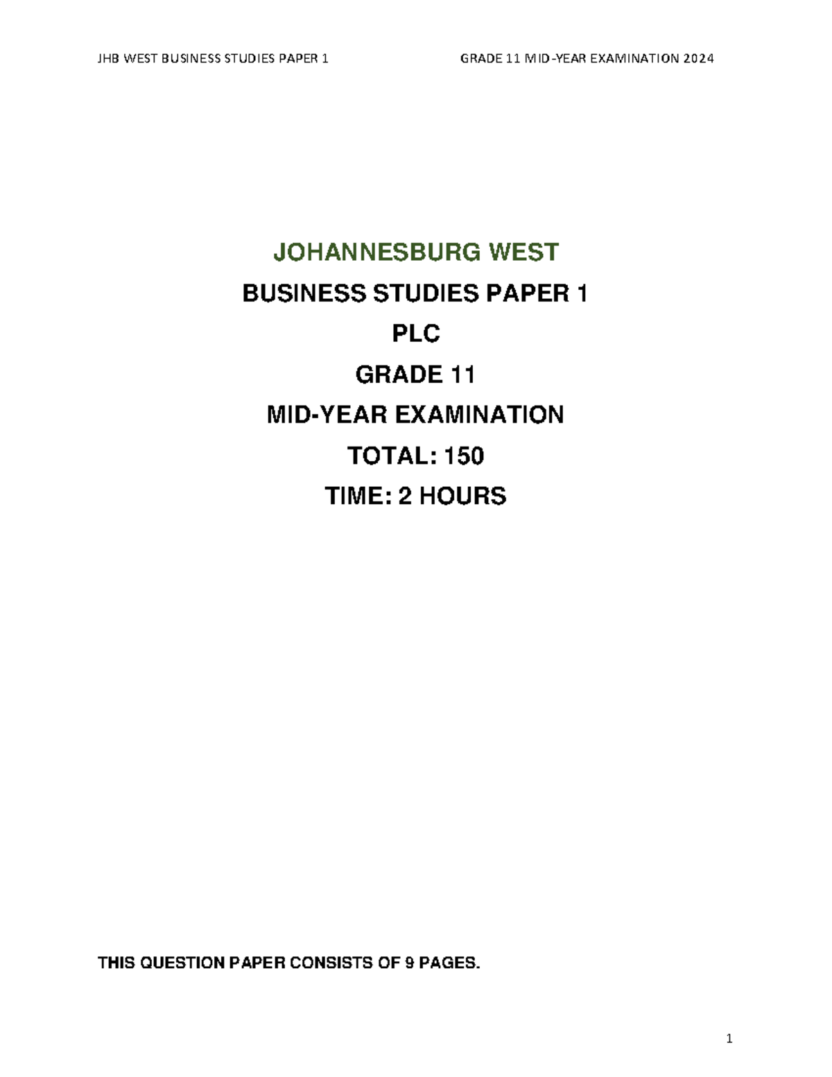 2024 BSTD GR 11 MID-YEAR EXAM PAPER 1 (Moderated) - Studocu