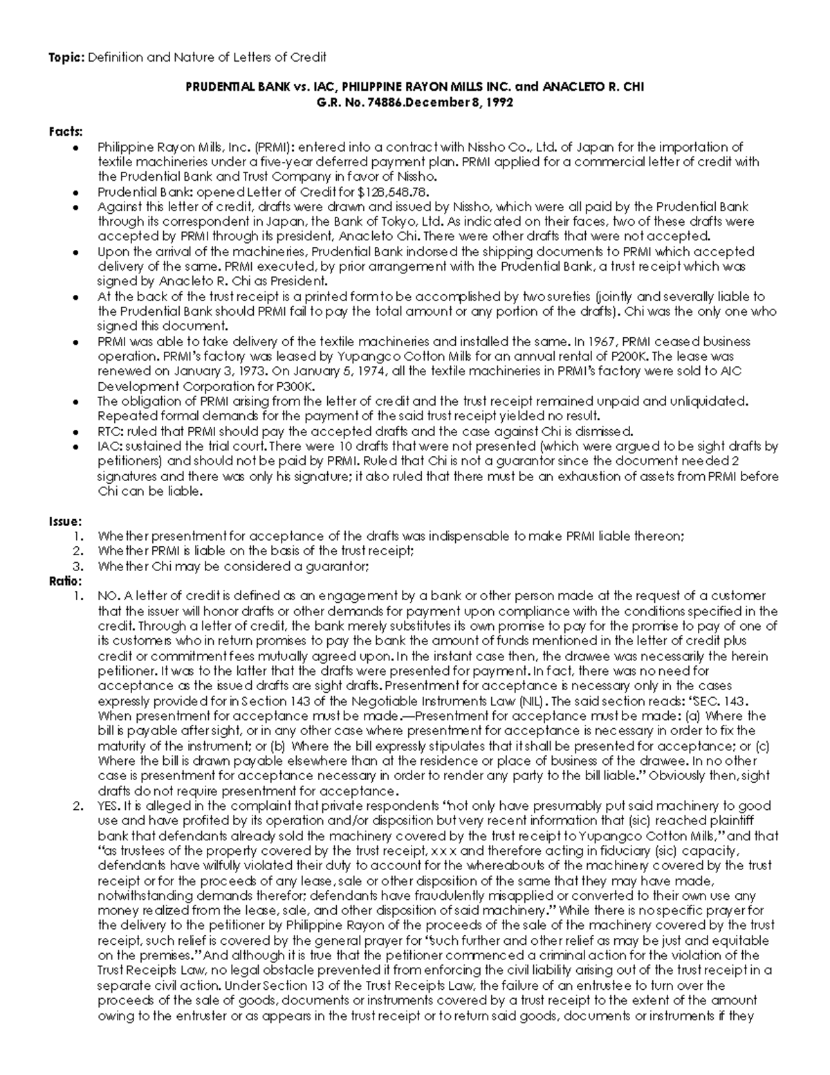 Prudential Bank vs. IAC: Analysis of Letters of Credit and Trust ...
