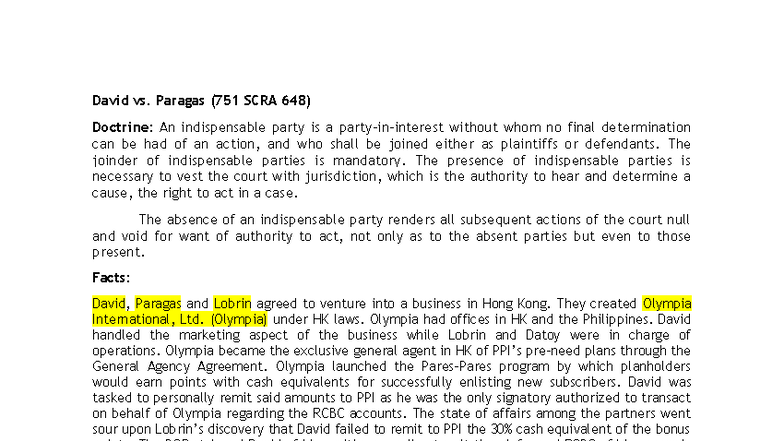 David vs. Paragas (751 SCRA 648) - Indispensable Party Doctrine ...
