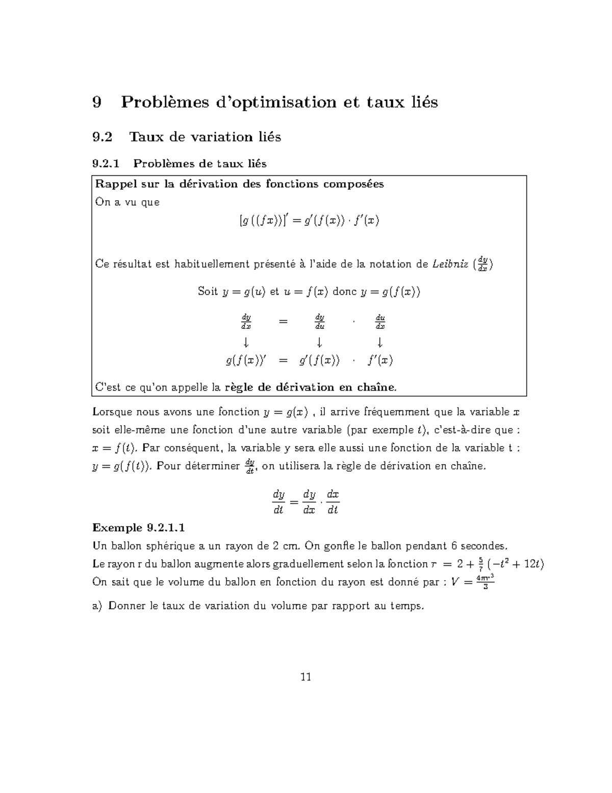 Chapitre 9 : Problèmes d'Optimisation et Taux Liés - Exemples et ...