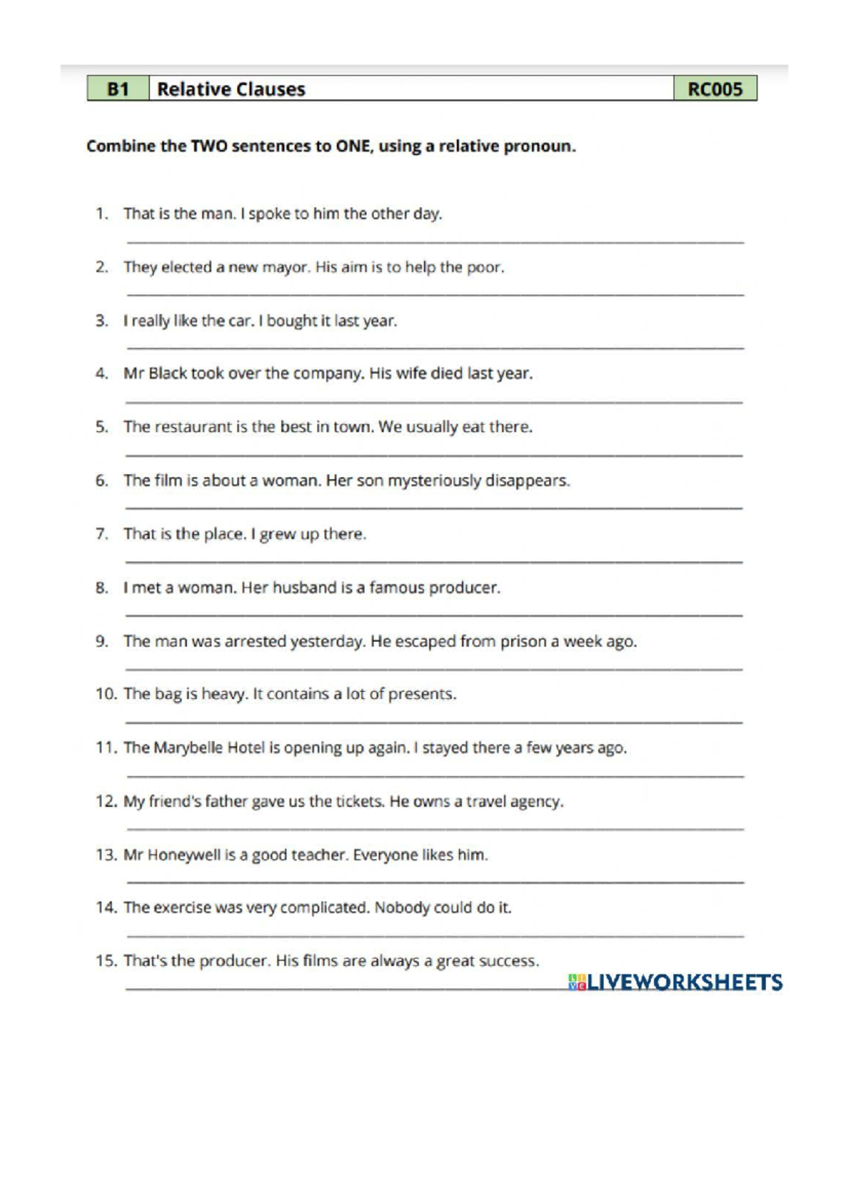 B1 Relative Clauses RC005: Combining Sentences with Pronouns - Studocu