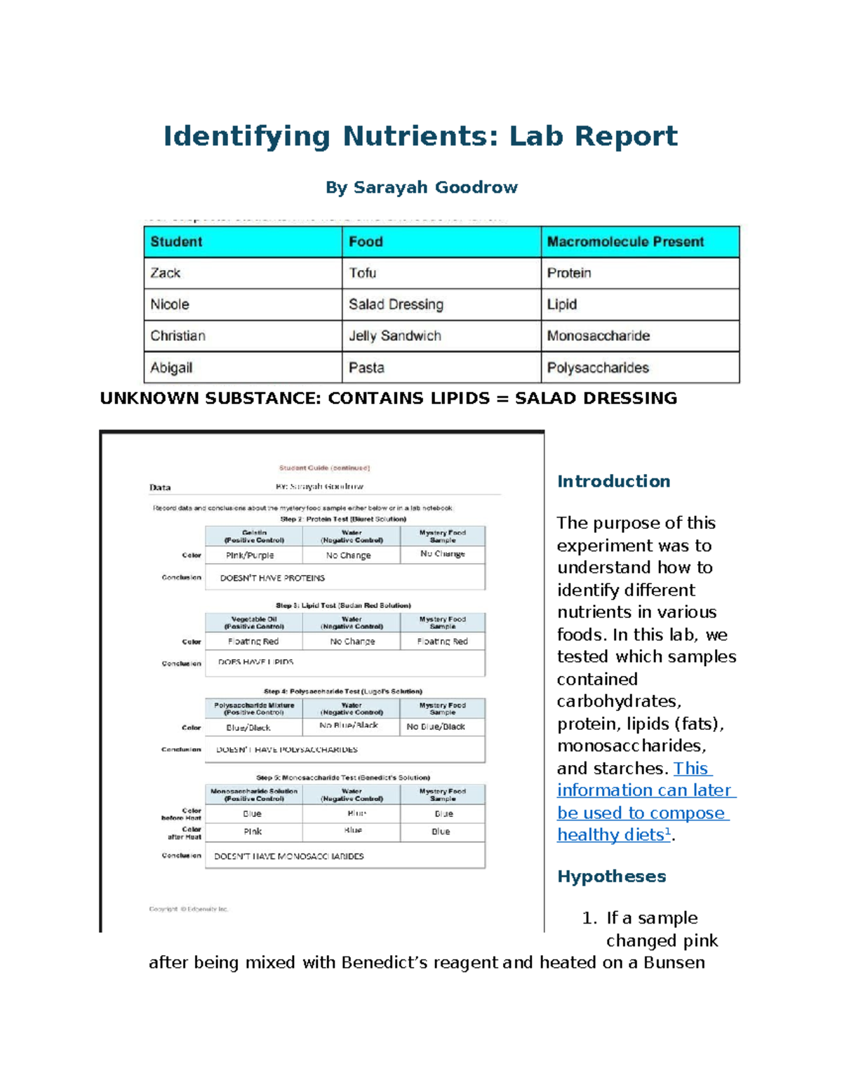 .Identifying Nutrients Lab Report - In this lab, we tested which ...