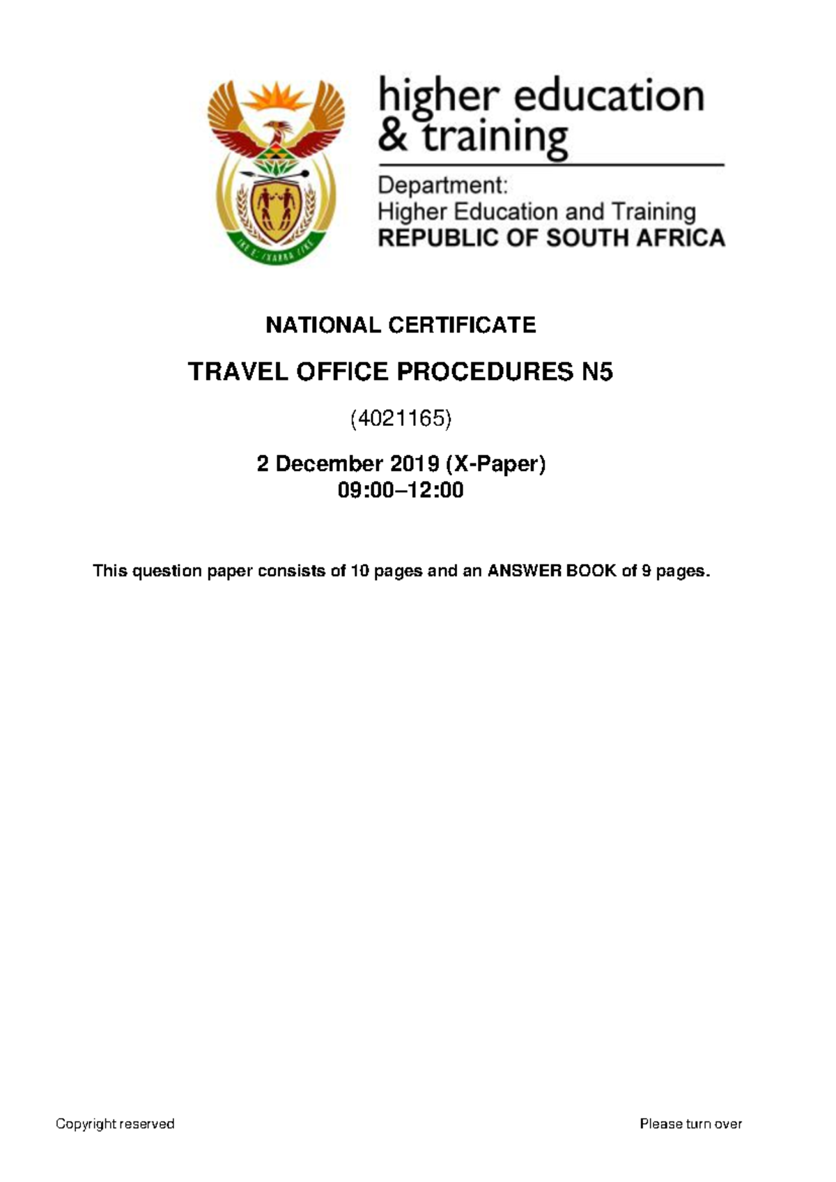 N5 Travel Office Procedures Final Exam - December 2019 - Studocu