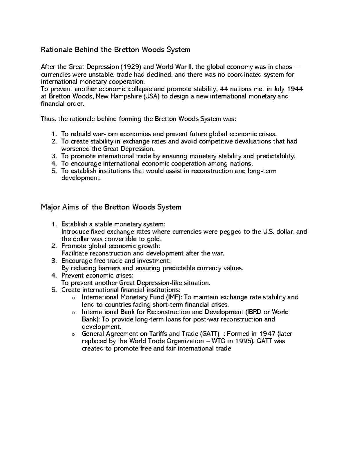 Rationale of the Bretton Woods System Post-Great Depression: Key Aims ...