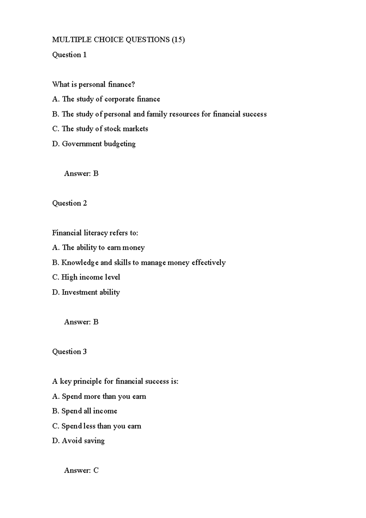 FIN 101: Multiple Choice Questions on Personal Finance Concepts - Studocu