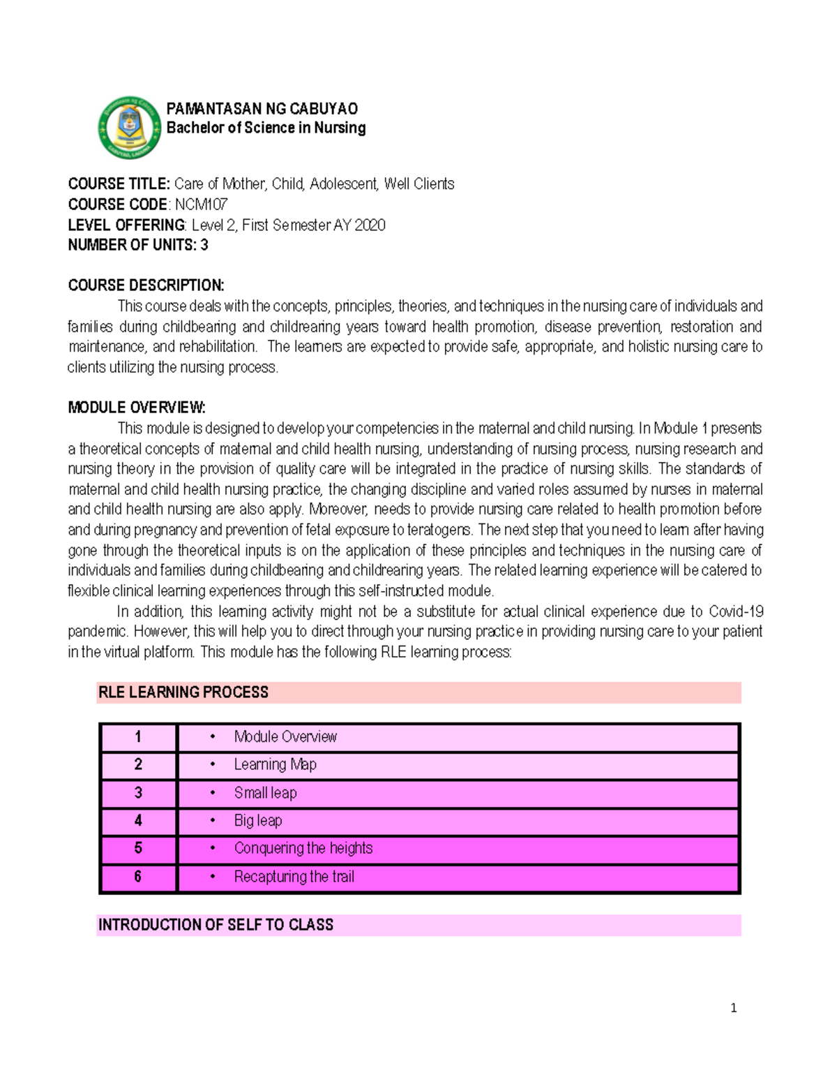 NCM 107 RLE Module 1: Care of Mother, Child, and Adolescent Clients ...