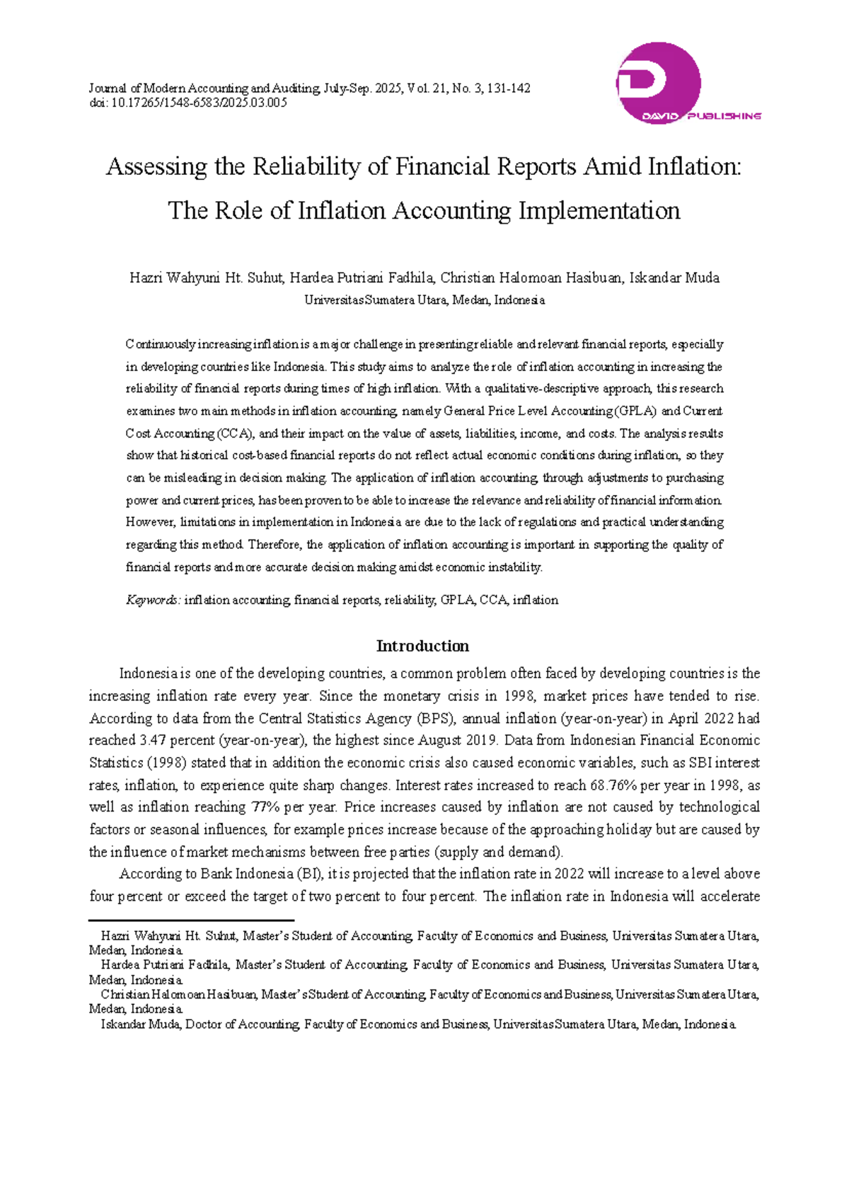 Assessing Financial Report Reliability in Inflation: A Study on GPLA ...