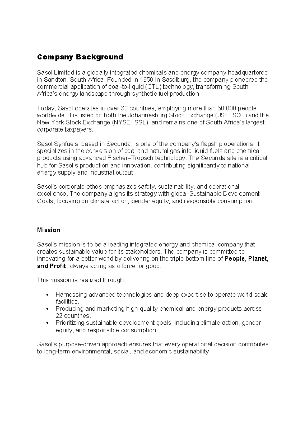 Sasol Limited Company Background & Incident Report Overview - Studocu