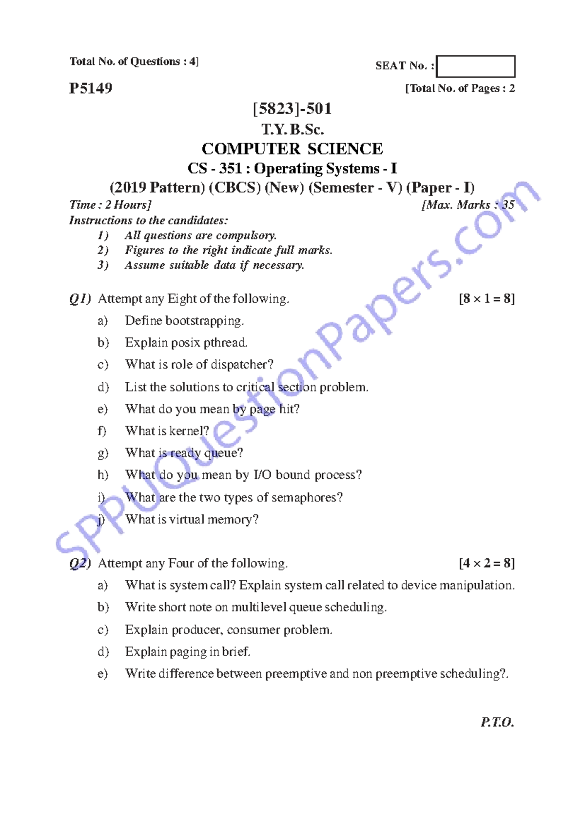 B.Sc. CS Semester V: CS 351 Operating Systems I Exam Paper (2019 ...