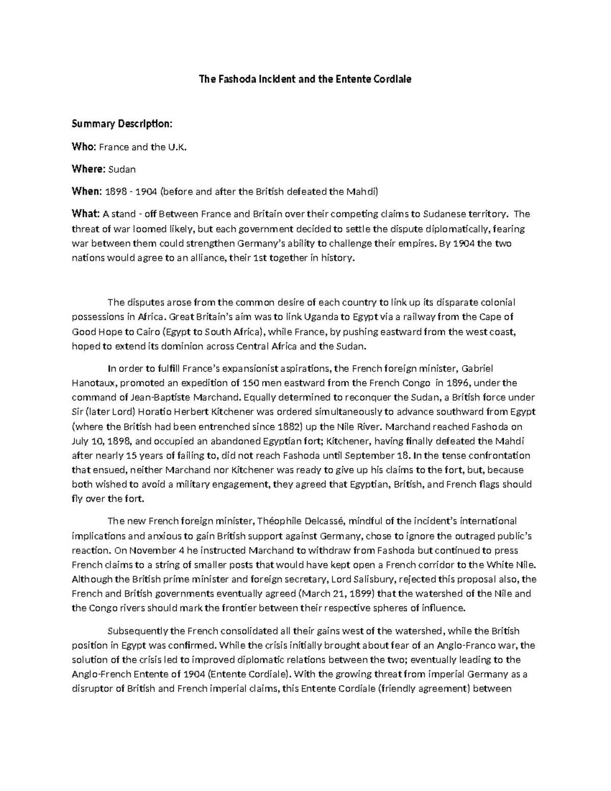 The Fashoda Incident & Entente Cordiale: A Diplomatic Overview - Studocu