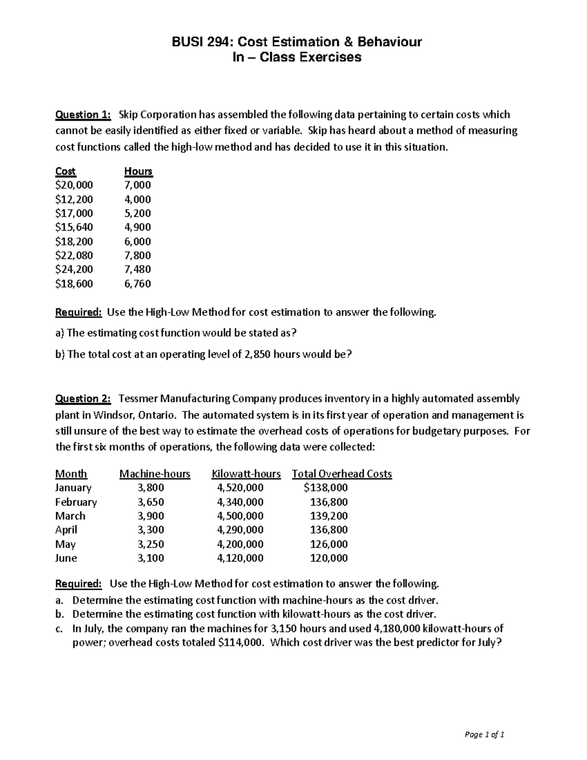Cost Estimation Behaviour Demo Questions 1 Busi 294 Cost Estimation