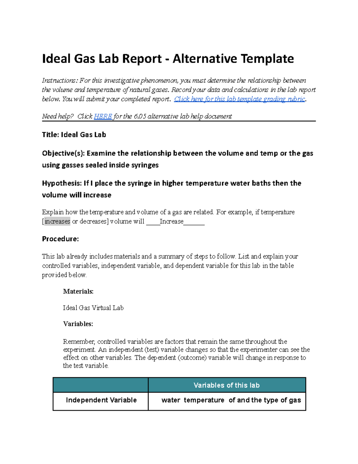 Ideal Gas Lab Report - Analysis of Volume & Temperature (6.05) - Studocu