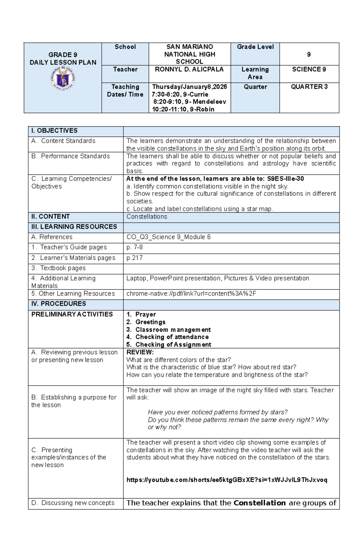 Grade 9 Science Lesson Plan: Constellations & Patterns in the Sky - Studocu