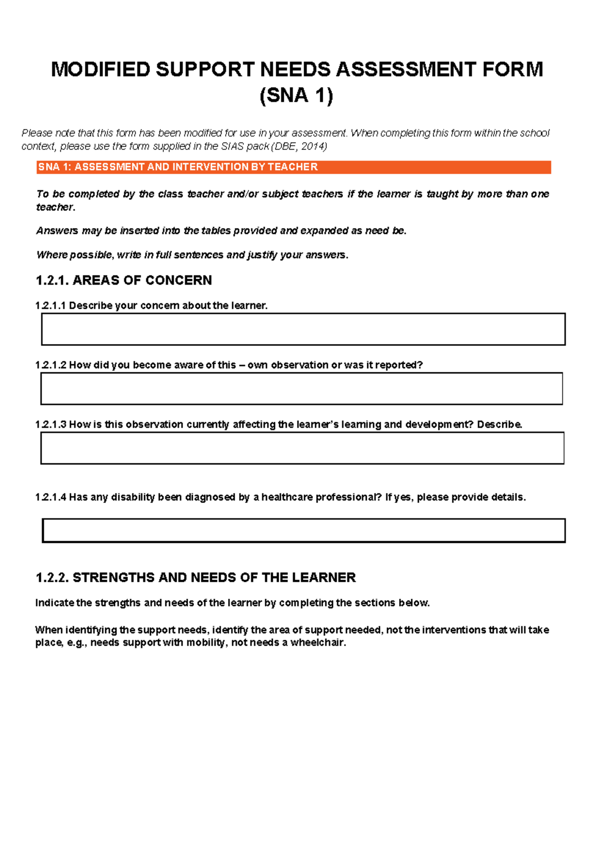 Modified Support Needs Assessment (SNA) Form for INED7212 - Studocu