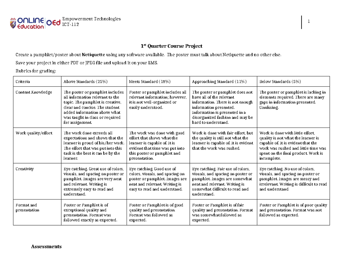 ICT-112 1st Quarter Project: Netiquette Poster Guidelines - Studocu