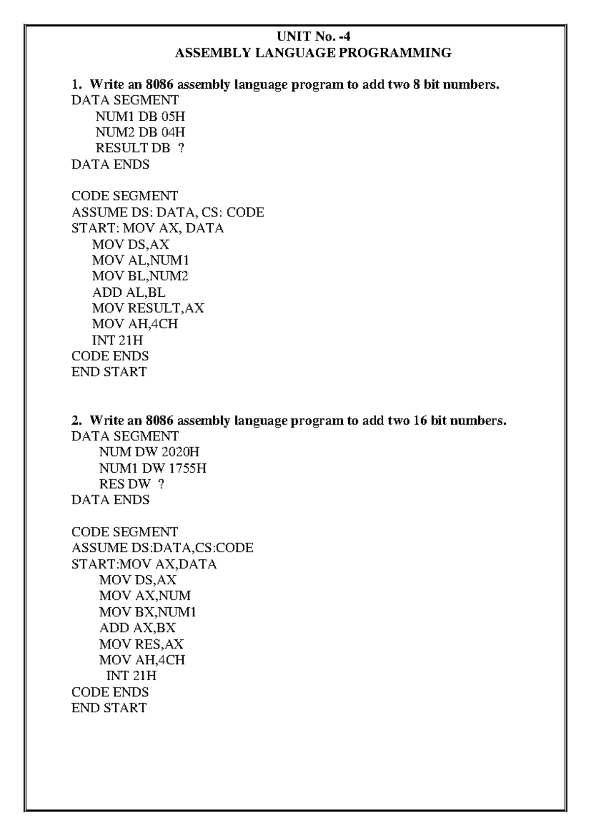 UNIT No. 4: Assembly Language Programming Exercises (8086) - Studocu