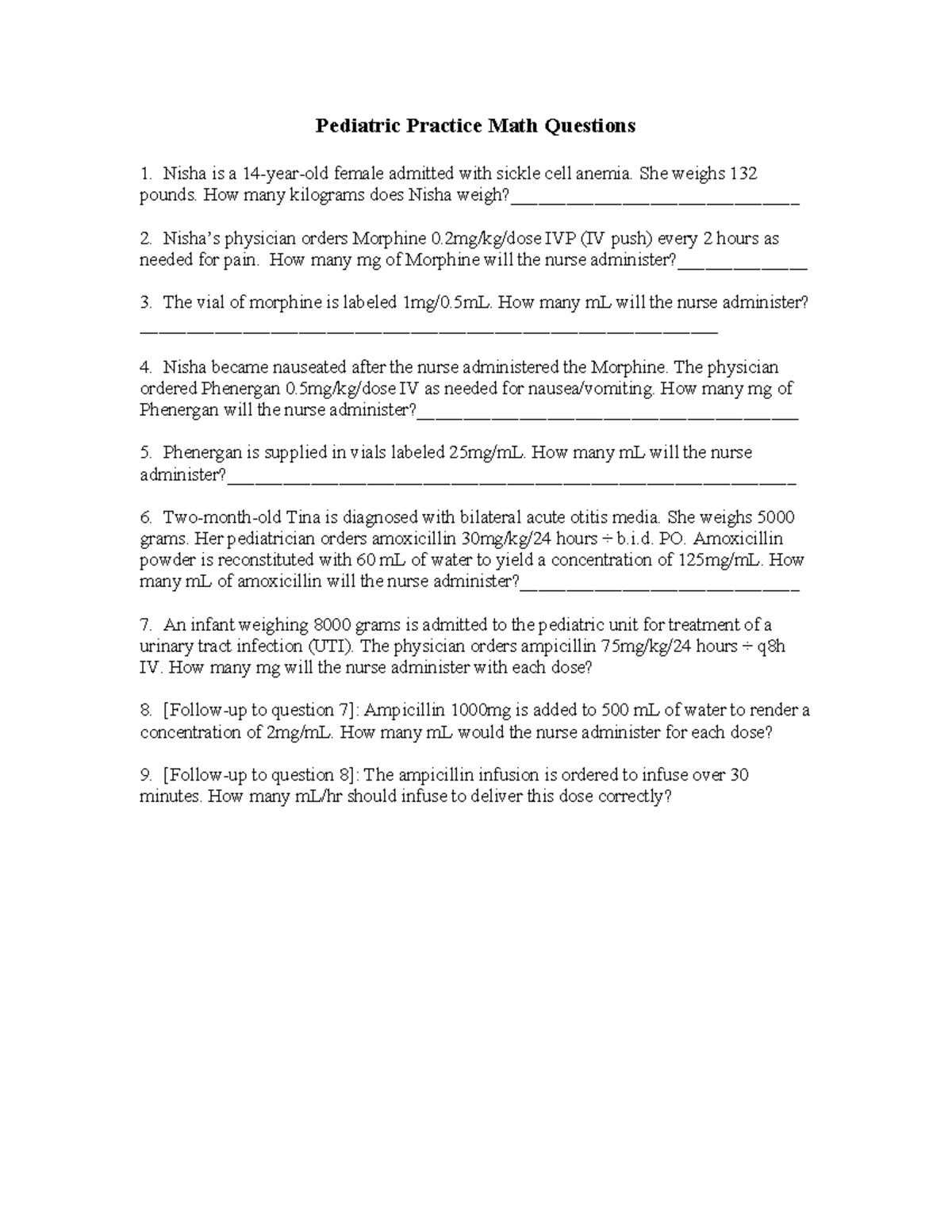 Pediatric Practice Math Questions: Dosage Calculations and IV Admin ...