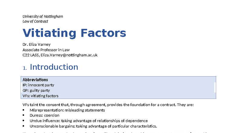 Law of Contract: Vitiating Factors Overview (C22 LASS) - Studocu