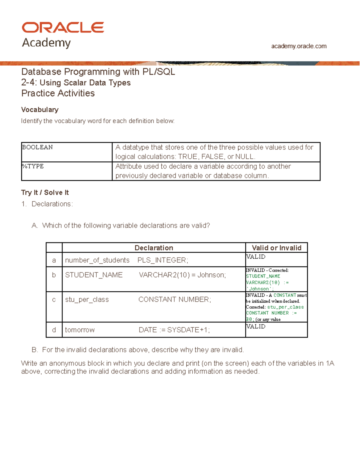 Plsql 2 4 Practice - Database System with Administration - Database Programming with PL/SQL 2-4 ...