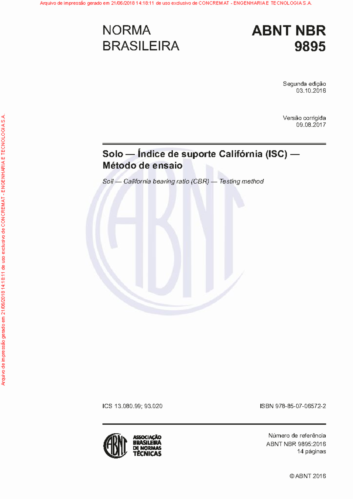 ABNT NBR 9895: Método de Ensaio do Índice de Suporte Califórnia - Studocu