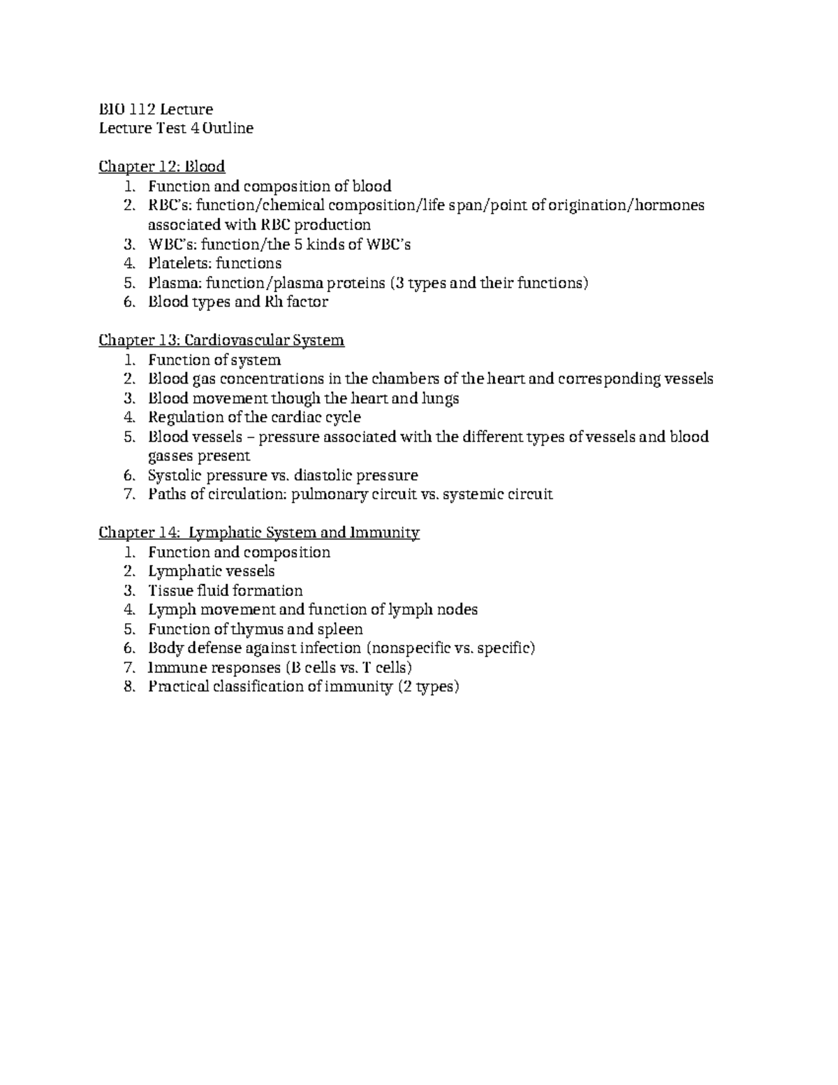 BIO 112 Lecture Test 4 Outline: Blood & Cardiovascular System - Studocu