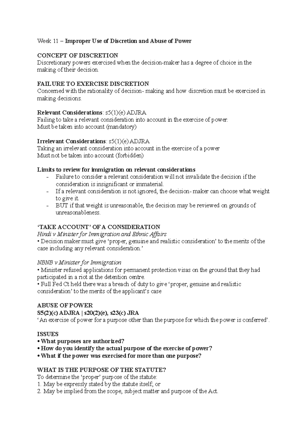 Week 11 Lecture Notes: Discretion, Abuse of Power & Jurisdictional ...