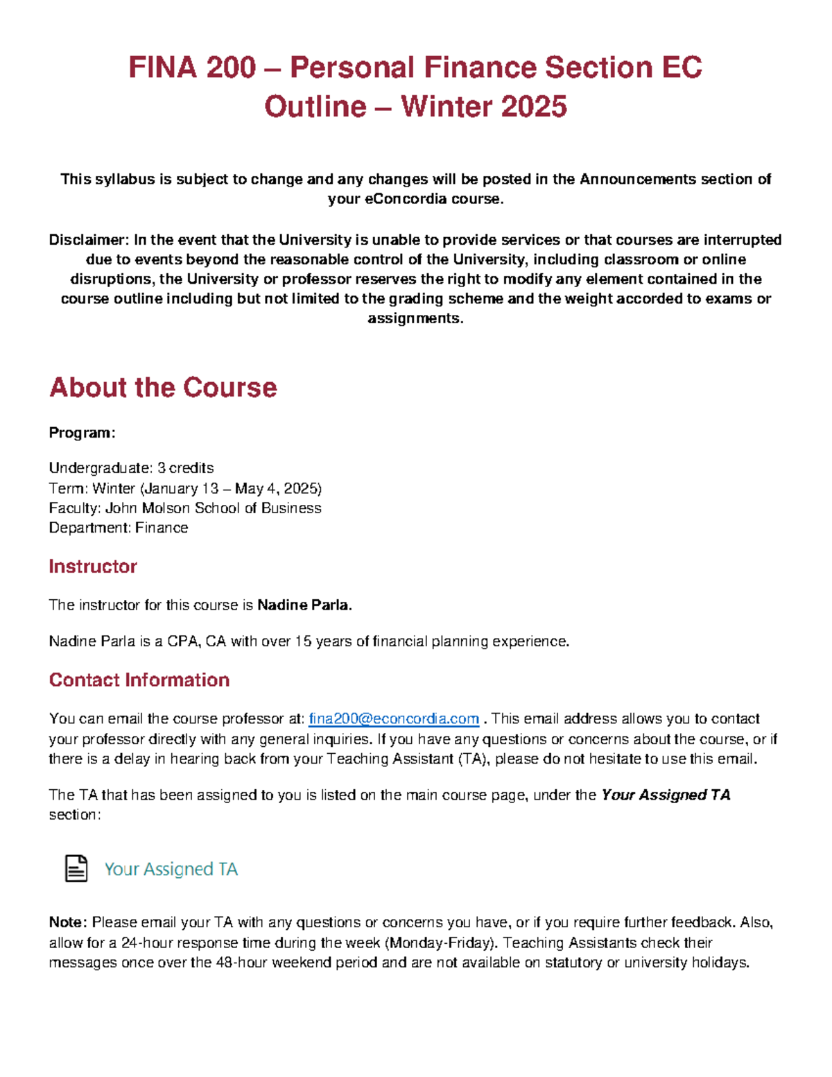 FINA 200 - Personal Finance Course Outline (Winter 2025) - Studocu