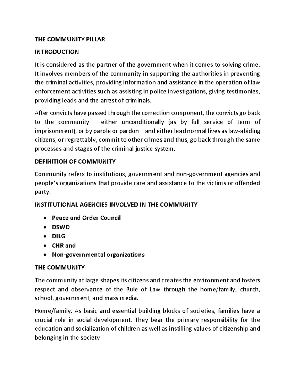 Community Pillar: Role in Crime Prevention and Social Development - Studocu