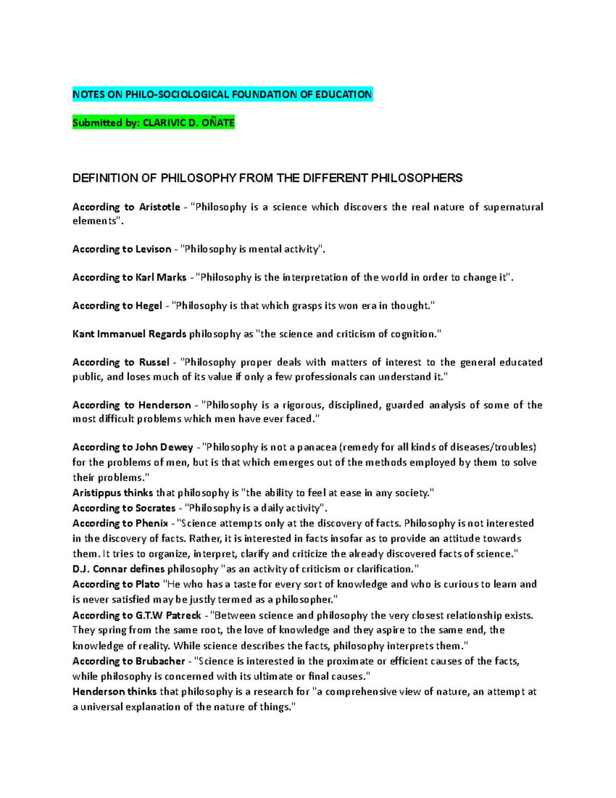 Philosophy Definitions: Insights from Notable Philosophers - Studocu